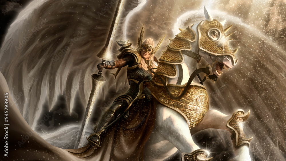 A scandinavian fantasy character, brave Valkyrie with large wings on a magic white horse under ...