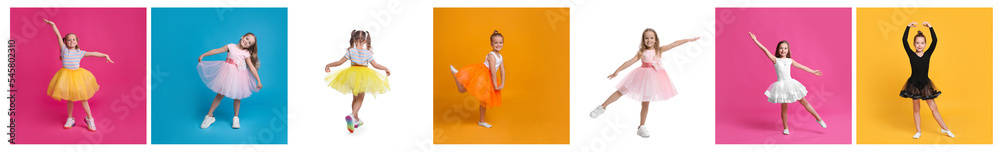Collage with photos of cute little girls dancing on different color ...