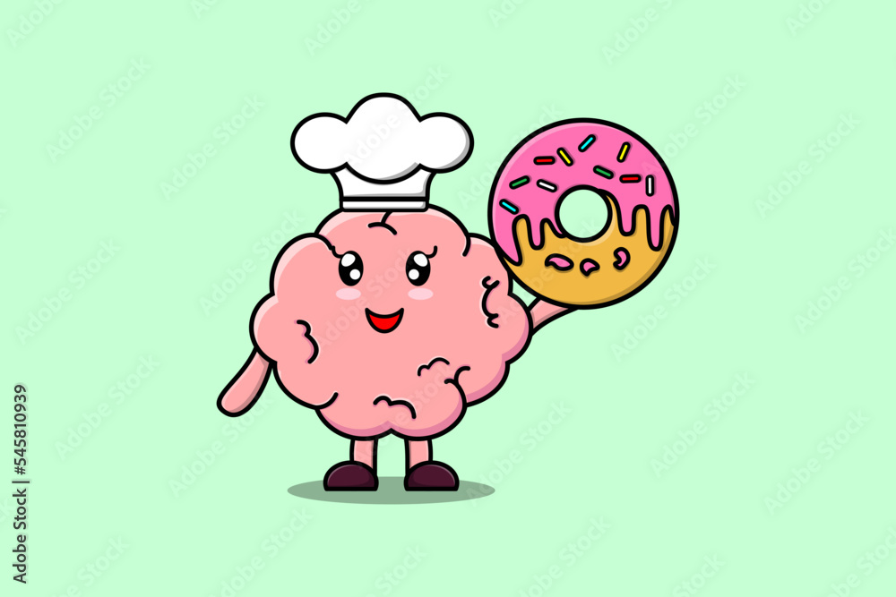 Cute cartoon Brain chef character donuts in flat cartoon style ...