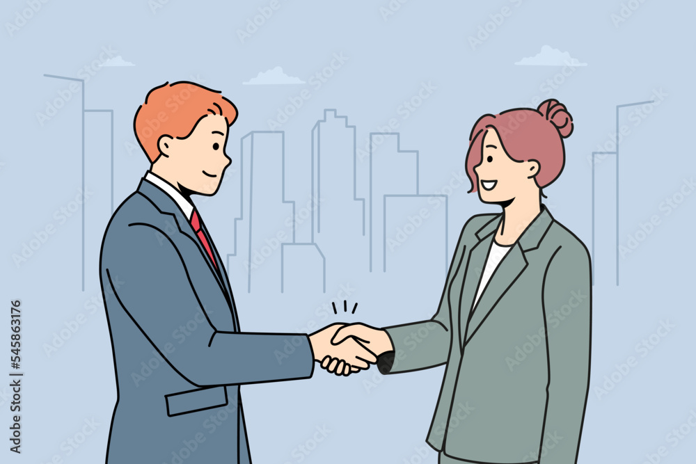 Smiling businesspeople handshake greeting getting acquainted. Happy business partners shake ...