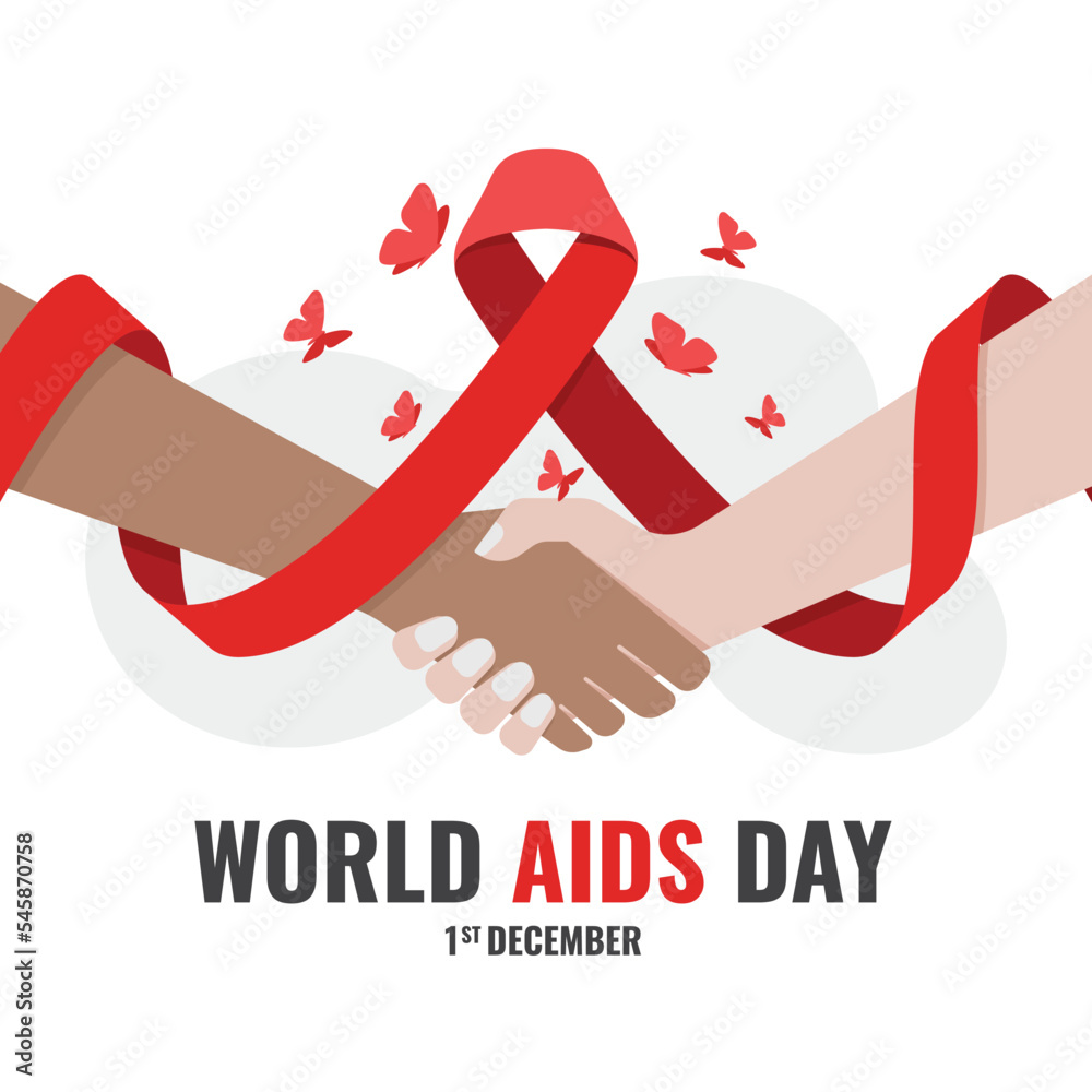 Vector de Stock World aids day - hand hold hand with red ribbon roll waving and red butterfly ...