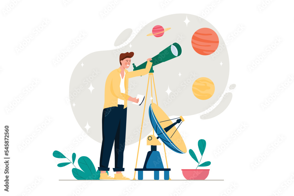 Astronomy concept with people scene in the flat cartoon design. Boy ...