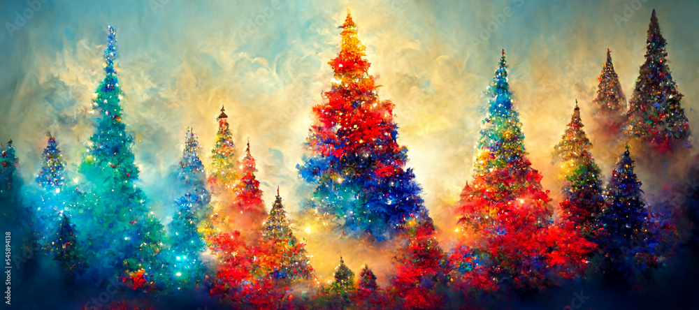 Christmas time. Abstract paint art of christmas trees in colorful ...