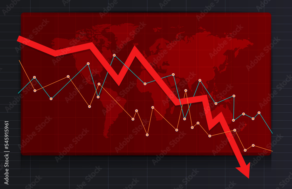 The red arrow above the world map shows the global crisis and inflation ...