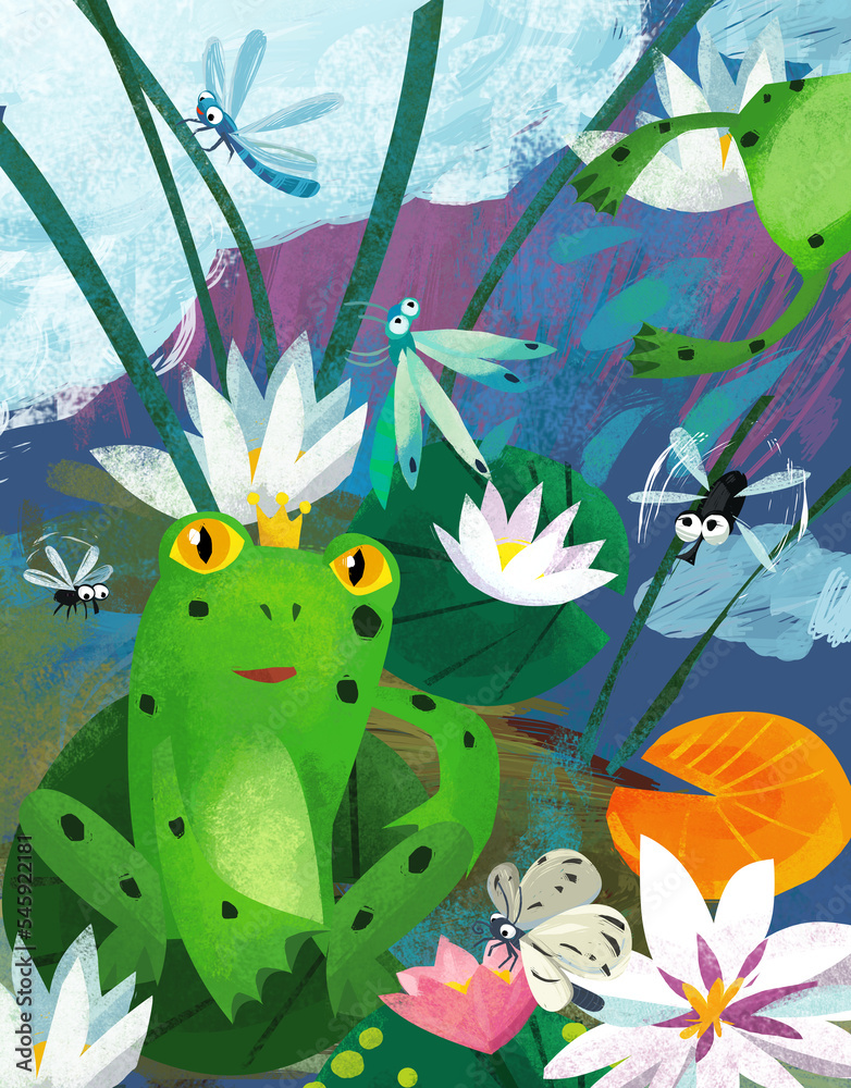 cartoon scene frog and funny bugs insects flying Stock Illustration ...