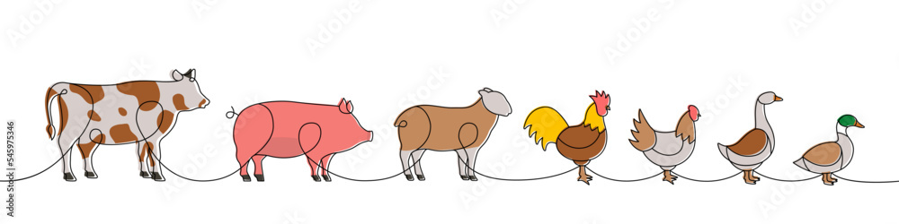 Farm animals colored one line continuous drawing. Cow, Pig, Sheep ...