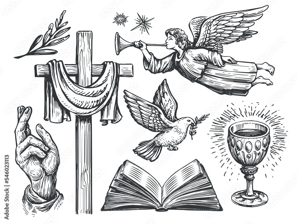 Christian wooden cross, Blessing hand, Flying dove with olive branch ...