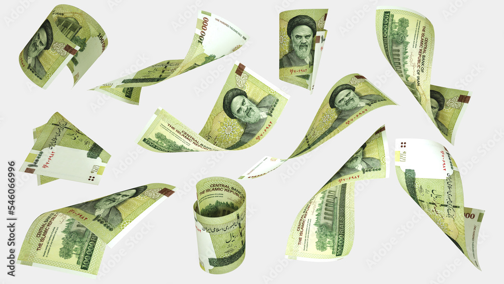 3D rendering of 100000 Iranian rial notes flying in different angles ...