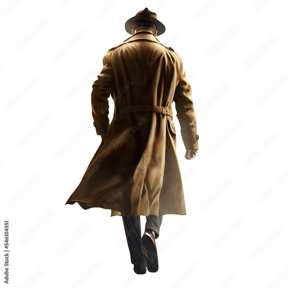 Man walking away. Trench coat and fedora. Mafia man. Private detective ...