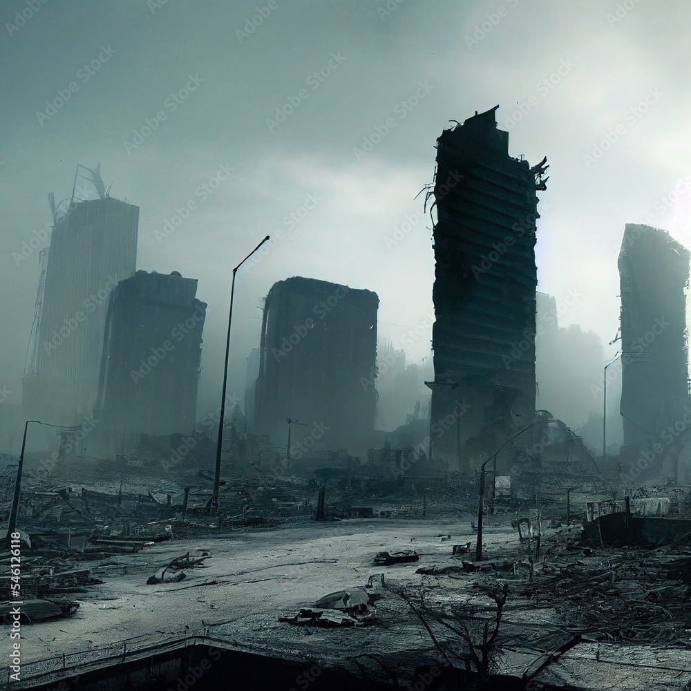 A post-apocalyptic ruined city. Destroyed buildings, destroyed roads ...