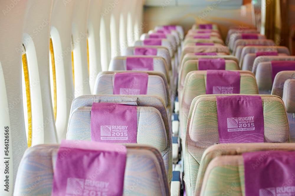 BANGKOK, THAILAND - SEPTEMBER 09, 2015: inside of Emirates Airbus A380 ...