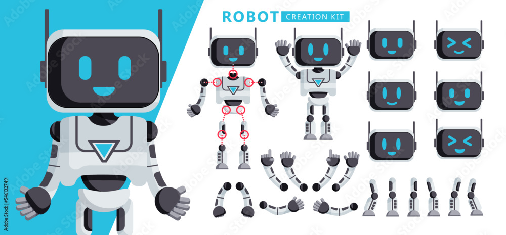 Robot creation kit vector set design. Robots character creator kit with head, arms, legs for ...