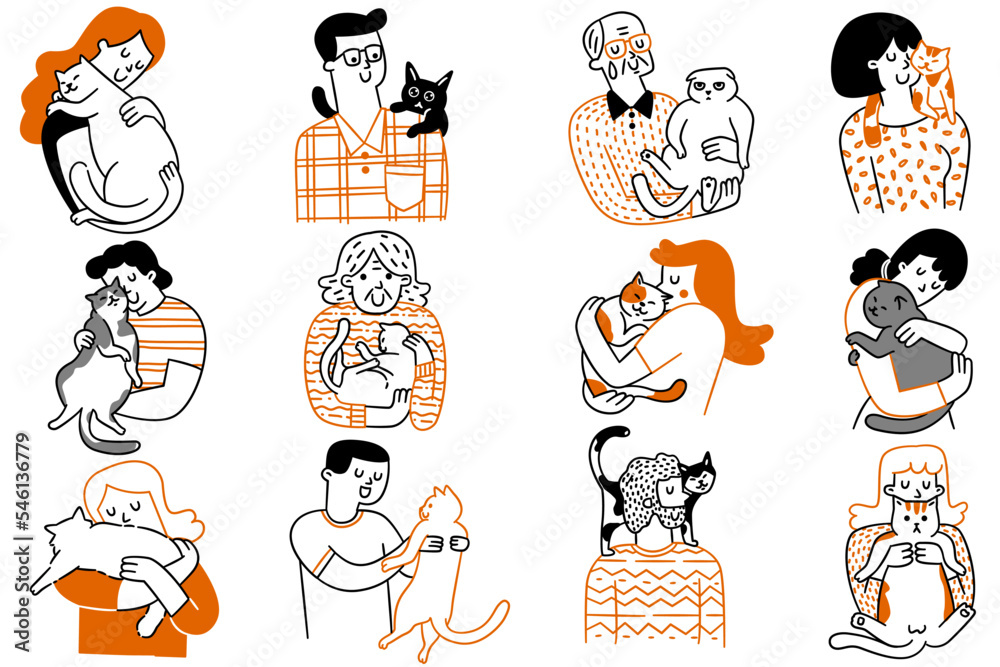 Cat lovers concept. Various people holding, hugging, kissing thier cat ...