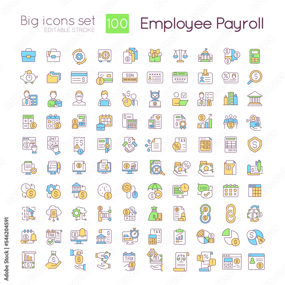 Employee payroll RGB color icons set. Wage payment regulation ...