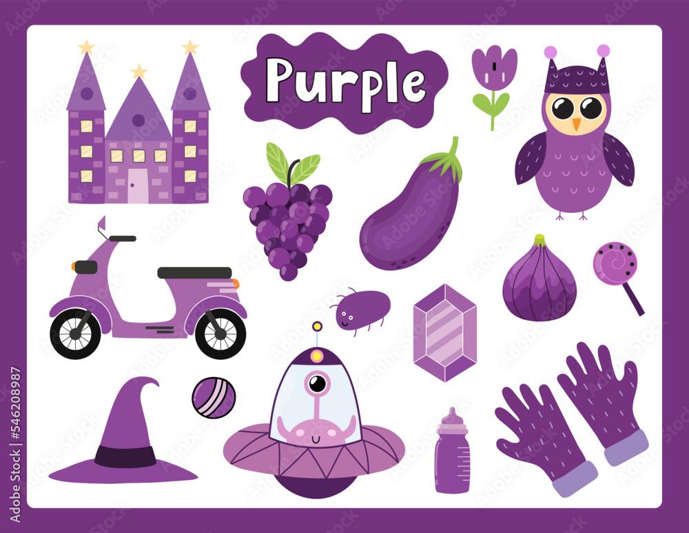 Set of purple color objects. Primary colors flashcard with purple ...
