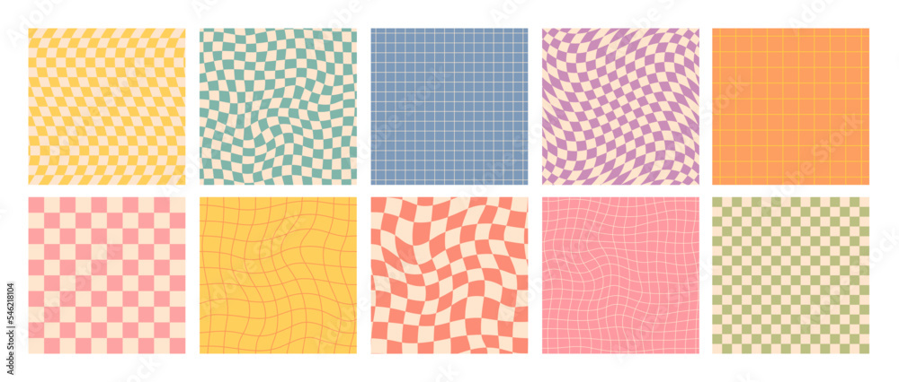 Groovy checkered seamless patterns, vintage aesthetic backgrounds, psychedelic checkerboard ...
