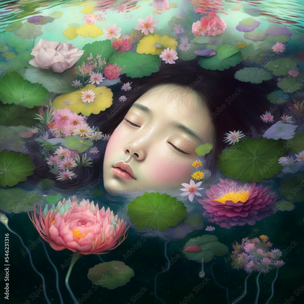 Ophelia from Hamlet in river Illustration, Beautiful Asian woman ...