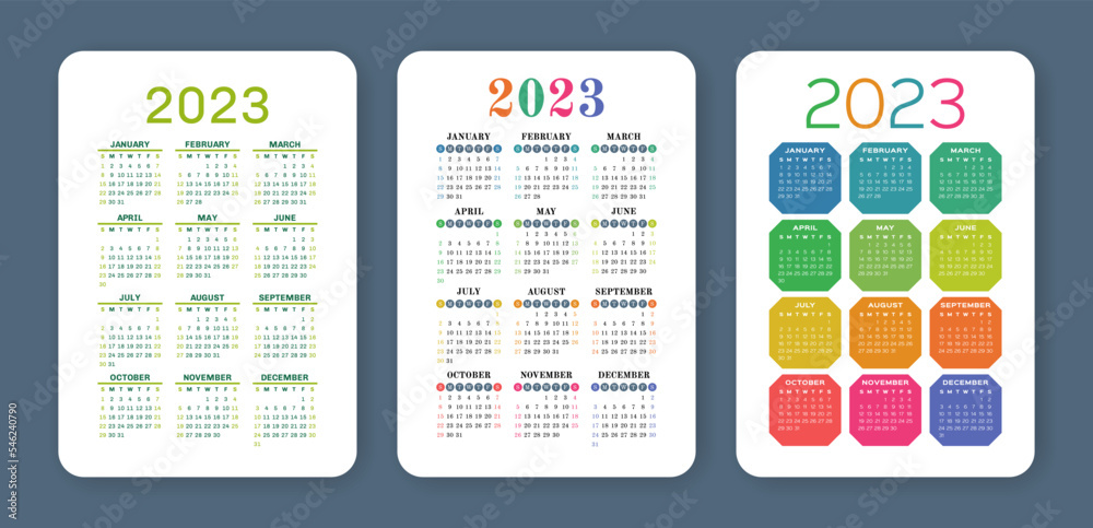 Calendar 2023 year set. English vector set. Vertical wall or pocket ...