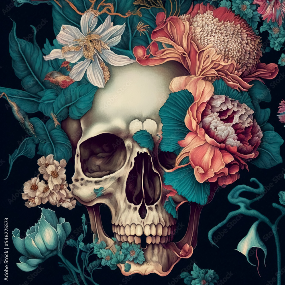 Skull and Flowers Day of The Dead, Vintage illustration. Elegant tattoo ...