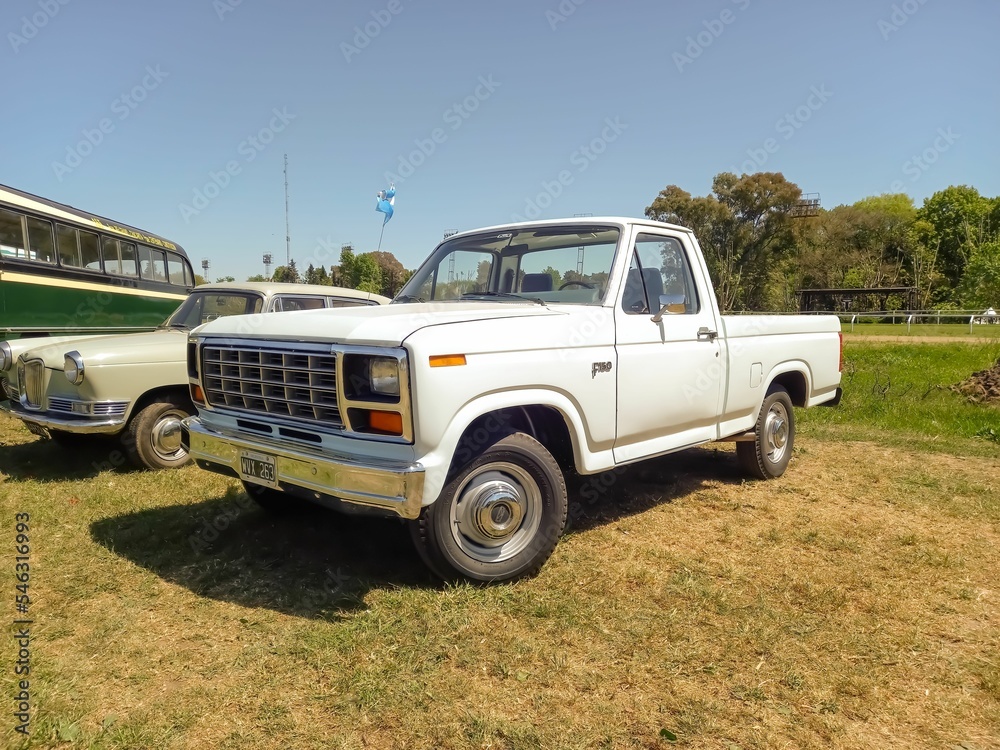 Old white 1980s Ford F 150 pickup truck in countryside. Nature ...