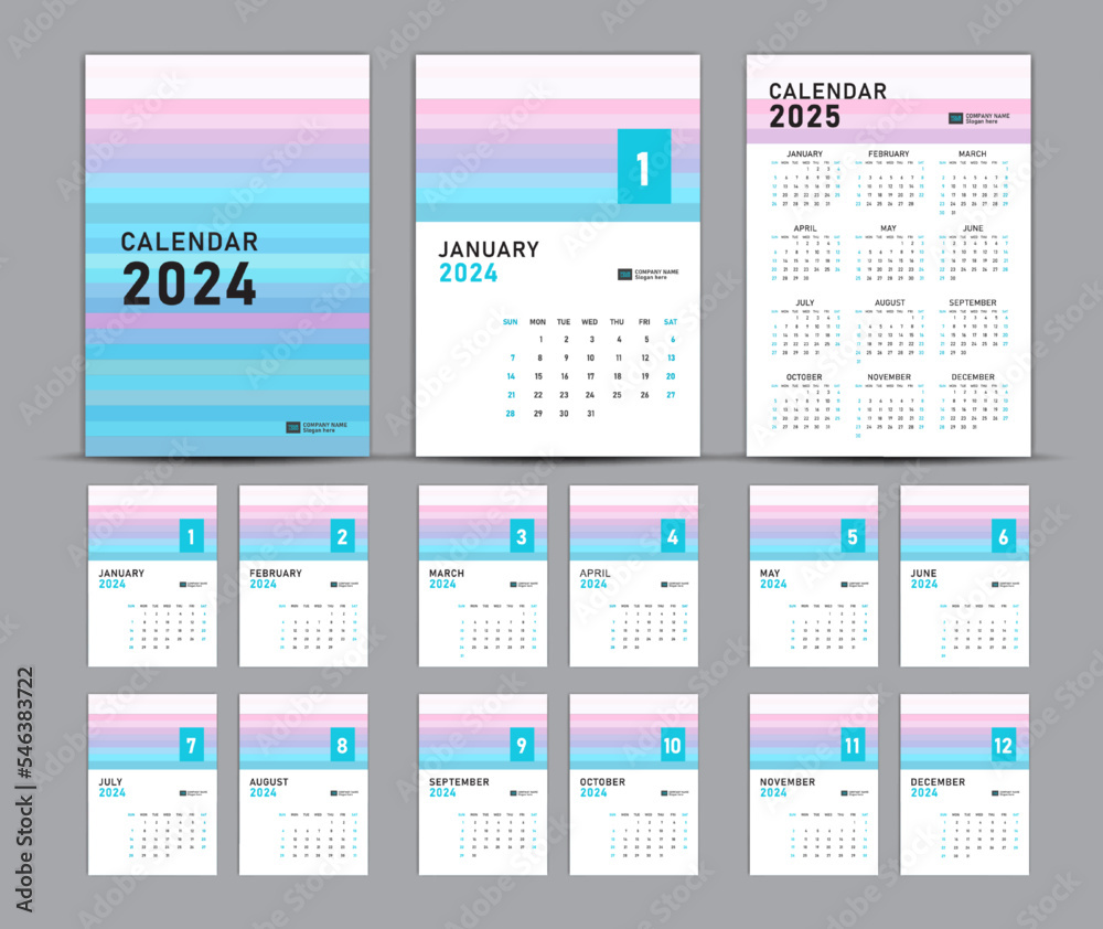 Vetor Calendar 2024 template set and 2025 year pastel concept, wall ...