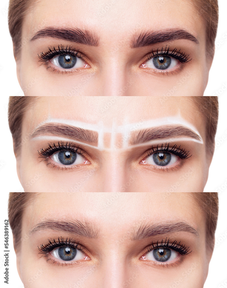 Foto de Stock Female eyes before and after eyebrows dying and modeling ...