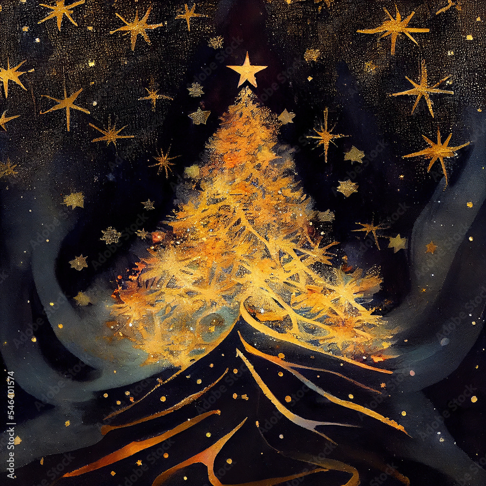 Christmas card design, with a golden flowing Christmas tree created ...