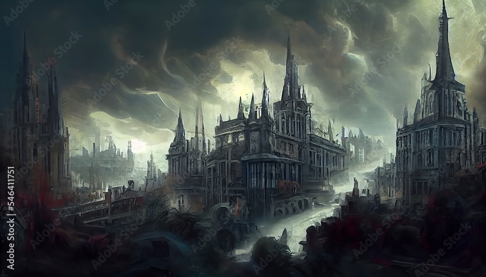 Fantasy cityscape in Victorian gothic style background illustration. Gloomy dark grungy style ...