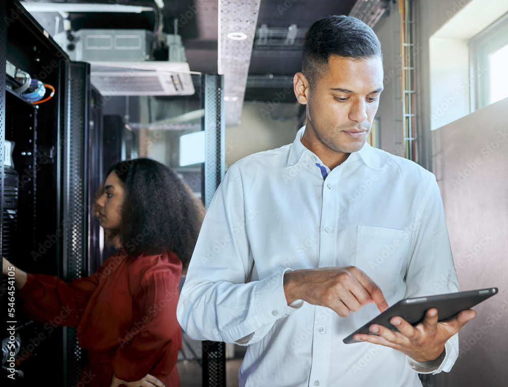 Management, server room and tablet with business people in data center ...