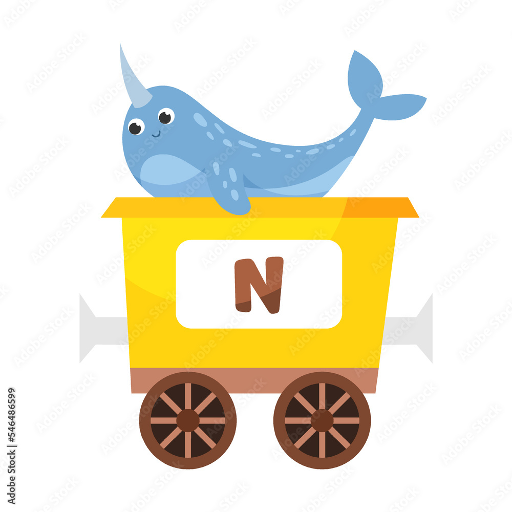 letter N, narwhal. Cute animal in colorful alphabet train. Vector ...