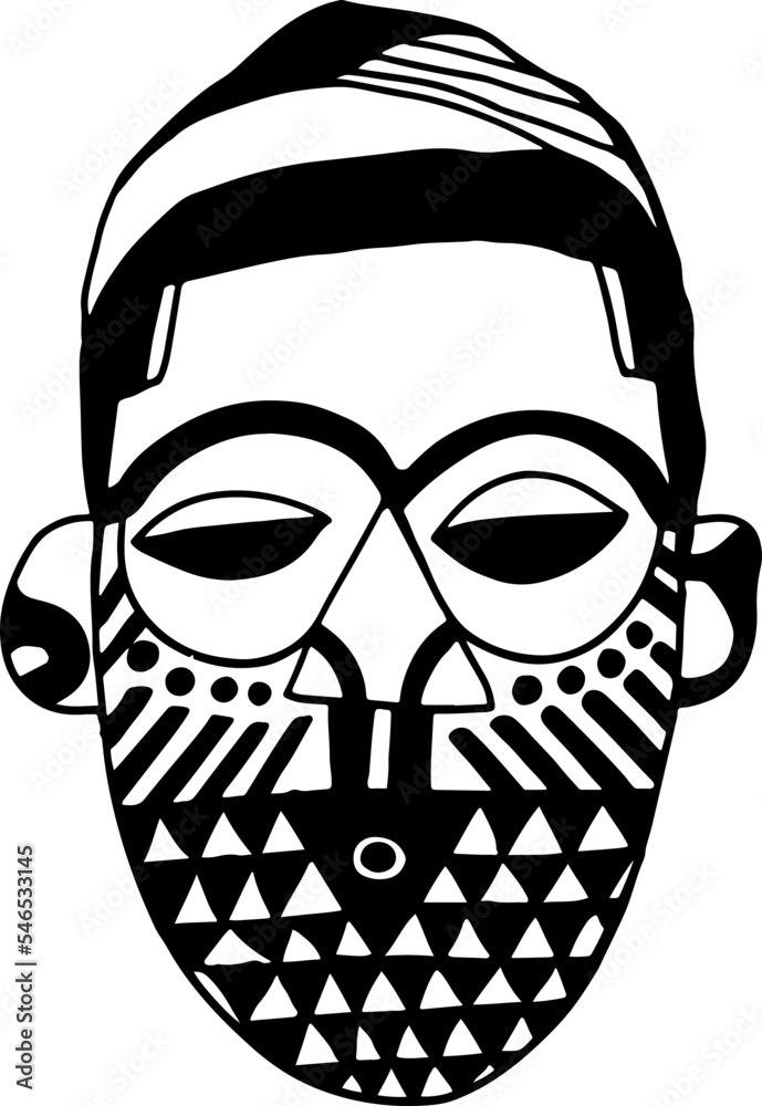 African tribal ritual mask. Doodle black and white outline simple art ...