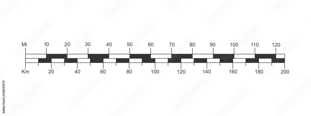 Map distance measurement chart. Bar scale with kilometers and miles ...