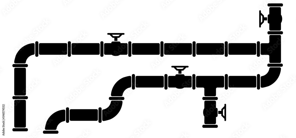 Water, oil or gas pipeline with fittings and valves. Pipeline and black ...