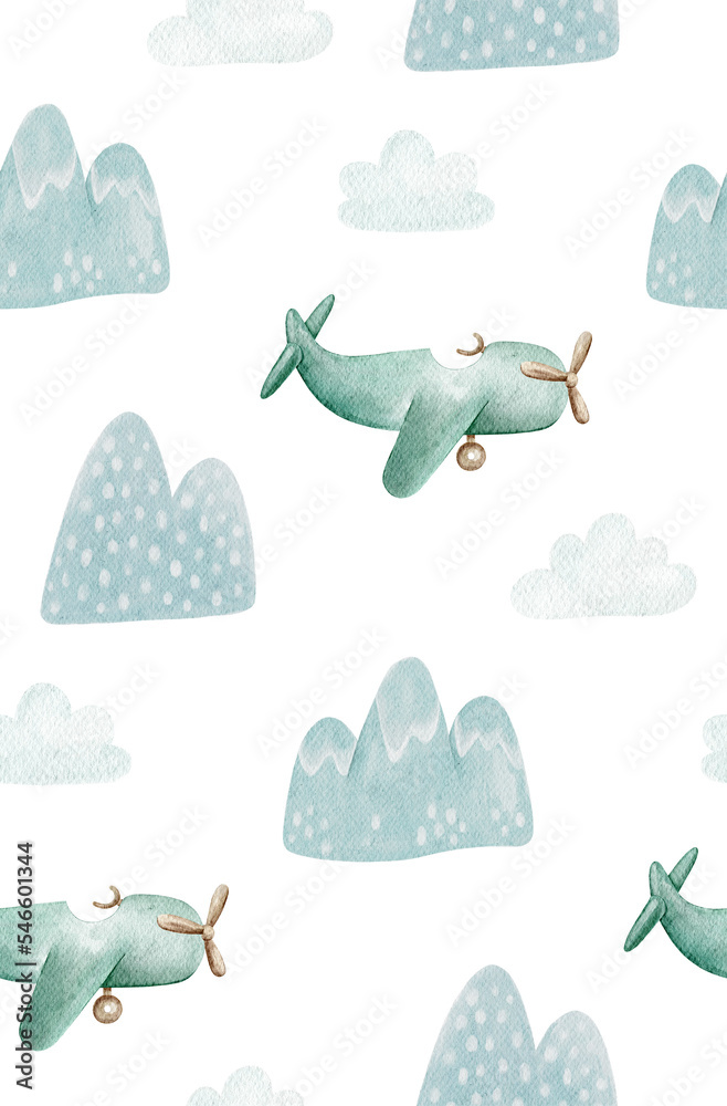 Watercolor cute airplane pattern for kids or baby. Blue green toy plane ...
