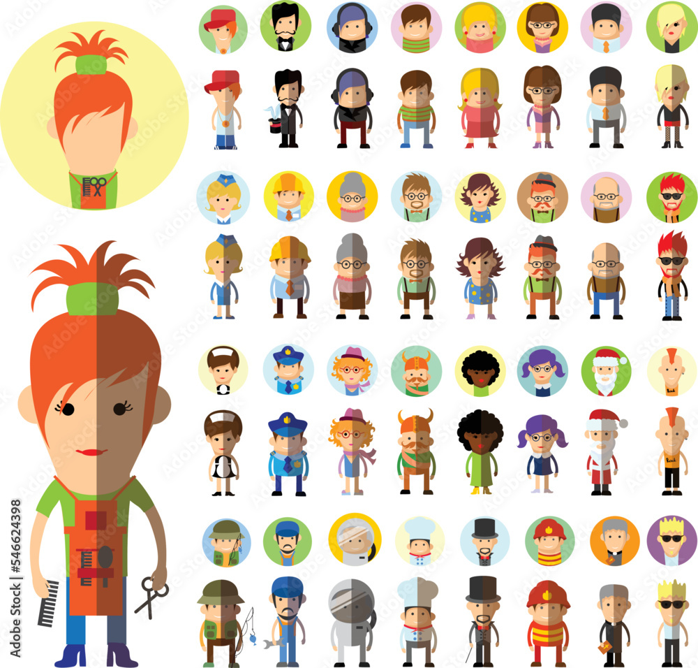 Big set of different professions flat cartoon characters. Group of ...