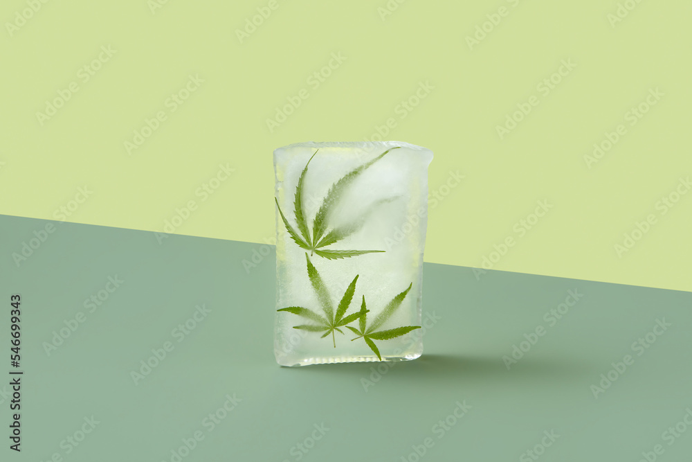 Cannabis leaves frozen in block of ice. Stock Photo | Adobe Stock