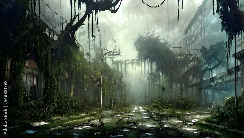 rotten / decayed city streets, overgrown with vegetation and hanging ...