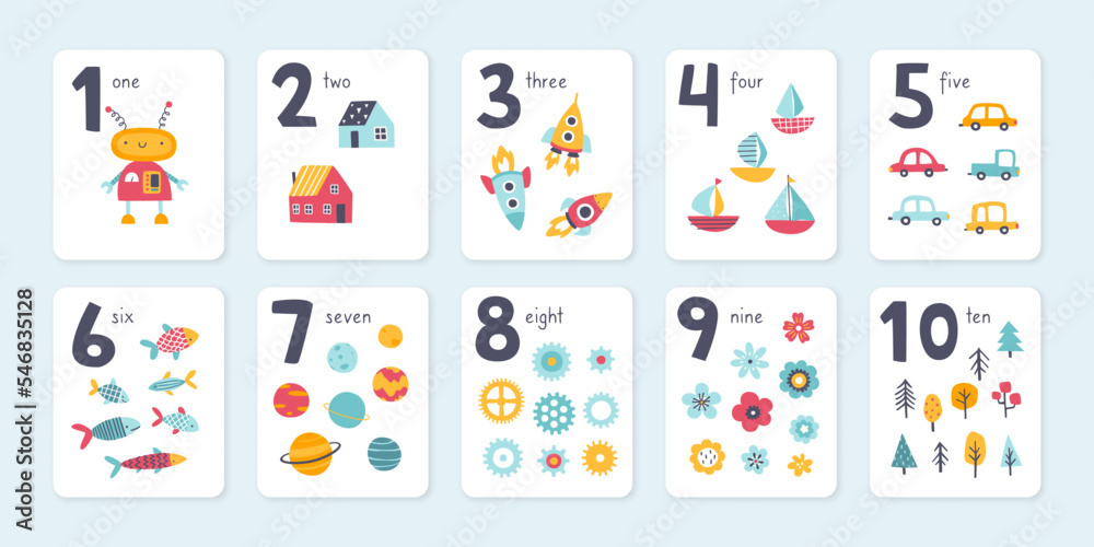 Learning numbers cards for babies. Cartoon count cards set for ...
