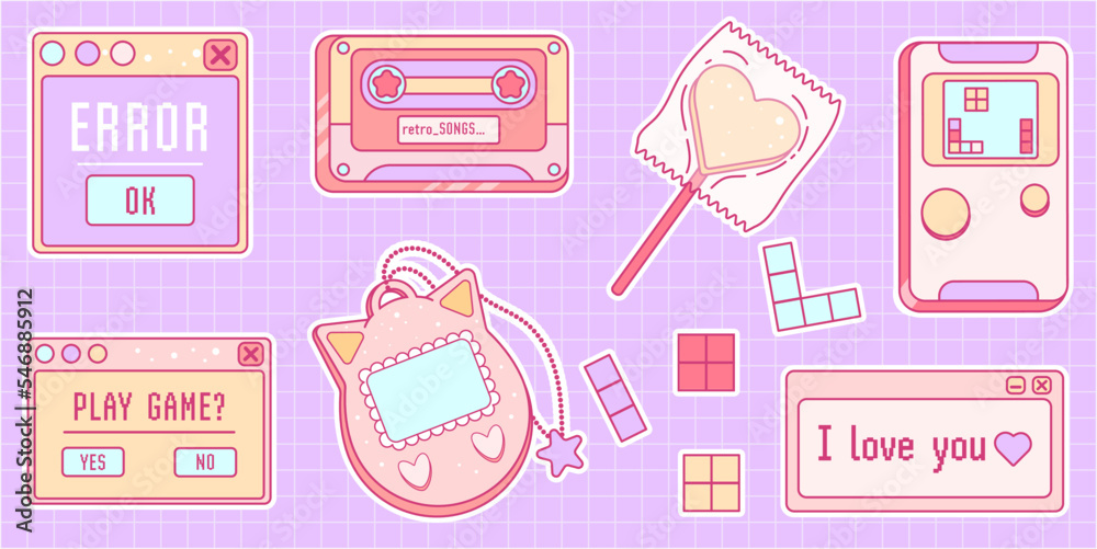 Cute sticker pack in trendy retro y2k style. Kawaii elements set ...