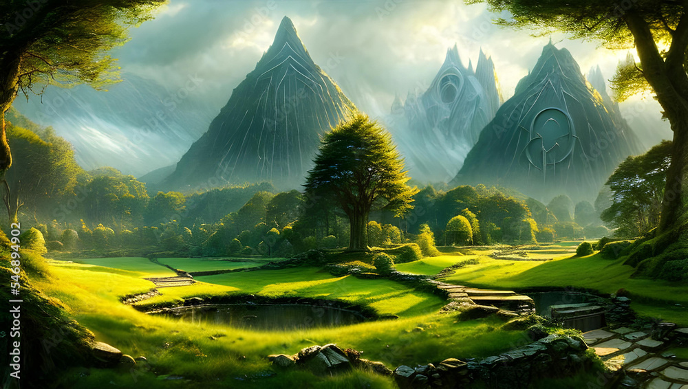 Sunlit fantasy landscape with mountains, forests and lakes - elves ...