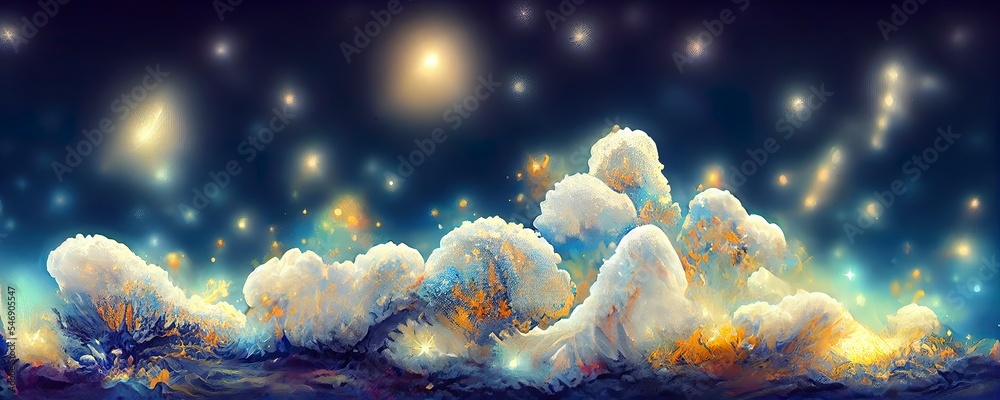 Illustration of a dreamy fantasy blue night sky with stars and clouds ...