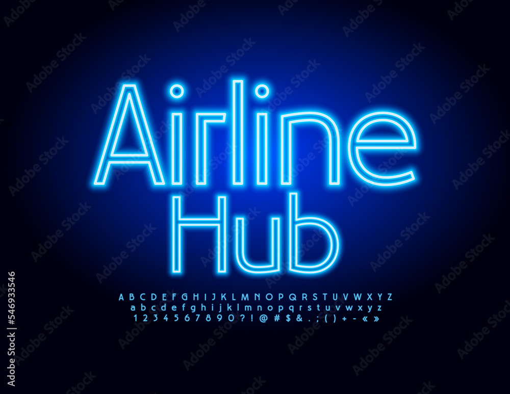 Vector neon emblem Airline Hub. Blue glowing Font. Electric light ...