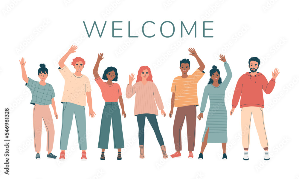 Group of diverse friendly young men and women with hands raised in greeting gesture, business ...