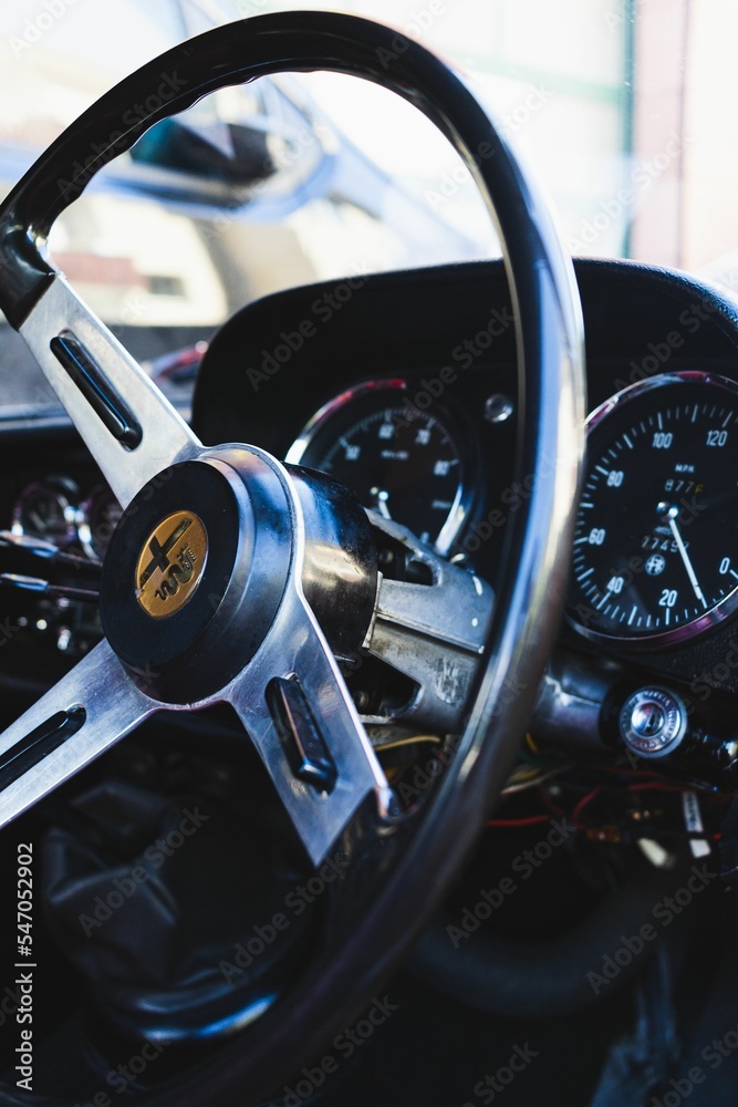 Vertical of the Alfa Romeo brand logo on a car's steering wheel Stock ...