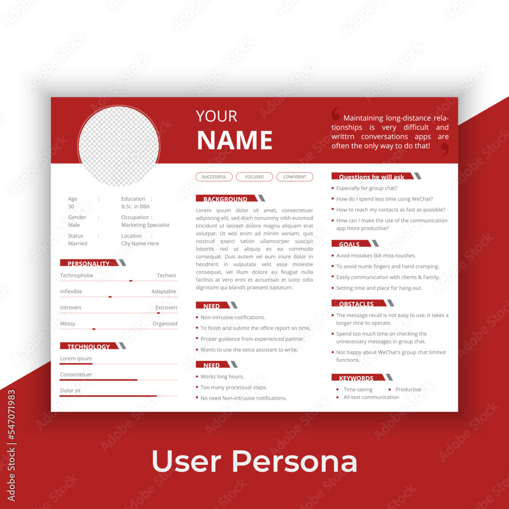 User Persona Document Template Vector Illustration. Examples of User ... User Persona Document Template Vector Illustration. Examples of User ...