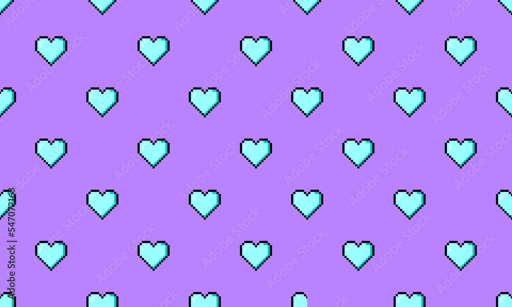 seamless purple background with pixel art light blue hearts pattern ...