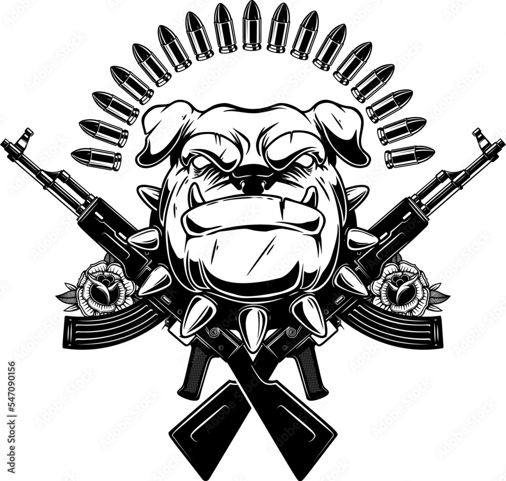Angry dog head with crossed assault rifles. Design element for poster ...
