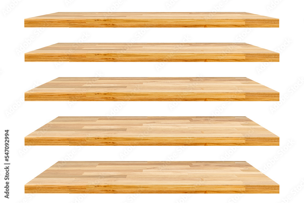 Realistic empty wooden store shelves set. Product shelf with wood ...