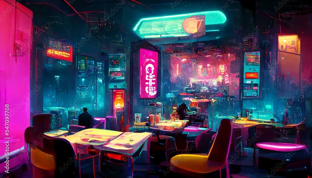 Cyberpunk cafe interior design with neon lights and tables illustration ...