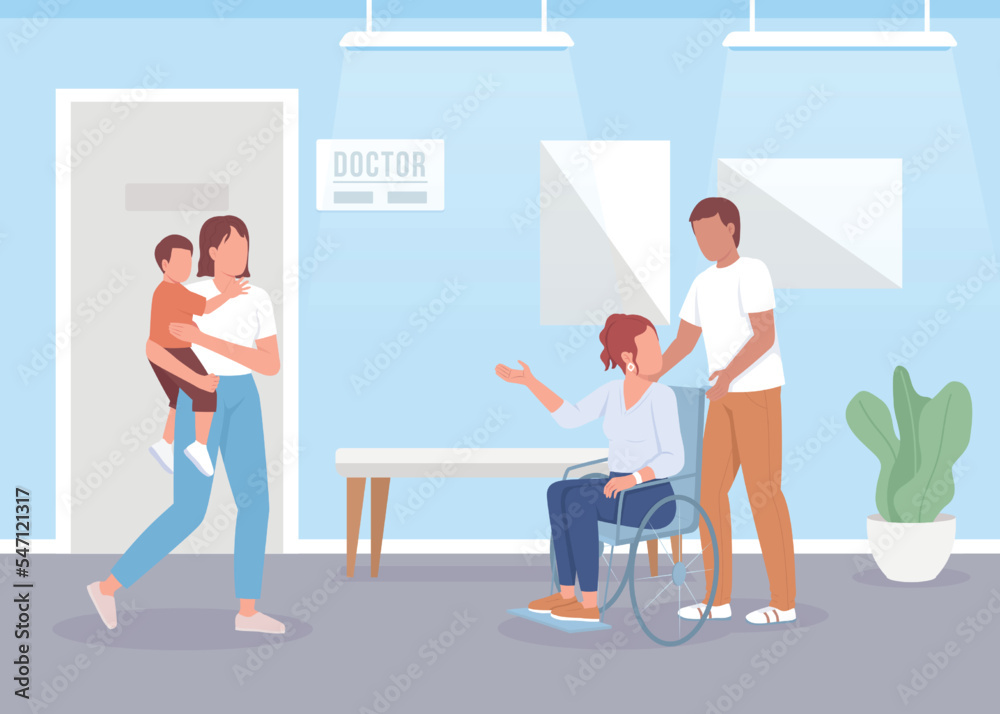 Patients in clinic corridor flat color vector illustration. Public ...